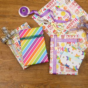 THMORT Birthday Wrapping Paper for Kids, Boys&Girls, Adults. Gift Wrapping Paper With Colorful Happy Birthday Font Print, Star, Rainbow Stripe lines,4 Bright and Shine Designs for Baby Shower, Holiday, Party. Pack Of 12 Sheets 20 X 29 Inch