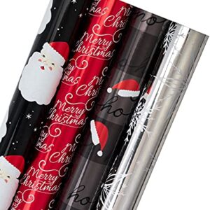 WRAPAHOLIC Christmas Wrapping Paper Roll - Black and Red Retro Santa, Silver Snowflake, HO HO HO Santa Hat Holiday Collection with Metallic Foil Shine - 4 Rolls - 30 Inch X 120 Inch Per Roll