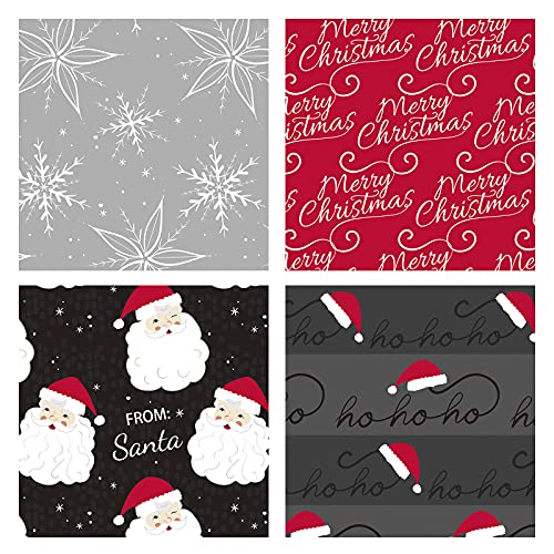 WRAPAHOLIC Christmas Wrapping Paper Roll - Black and Red Retro Santa, Silver Snowflake, HO HO HO Santa Hat Holiday Collection with Metallic Foil Shine - 4 Rolls - 30 Inch X 120 Inch Per Roll