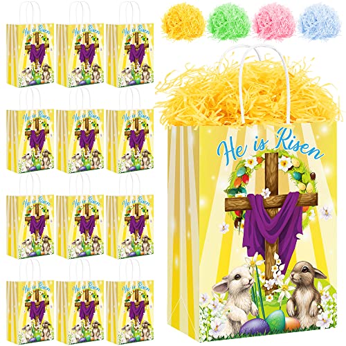 MIMIND 24 Pieces Easter Bunny Paper Gift Bags Inspiring He Is Risen Sign Candy Goodie Bags with Double Handles and Rayon Raffia for Easter Theme Bible Party Favors Egg Hunt Supplies