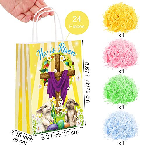 MIMIND 24 Pieces Easter Bunny Paper Gift Bags Inspiring He Is Risen Sign Candy Goodie Bags with Double Handles and Rayon Raffia for Easter Theme Bible Party Favors Egg Hunt Supplies