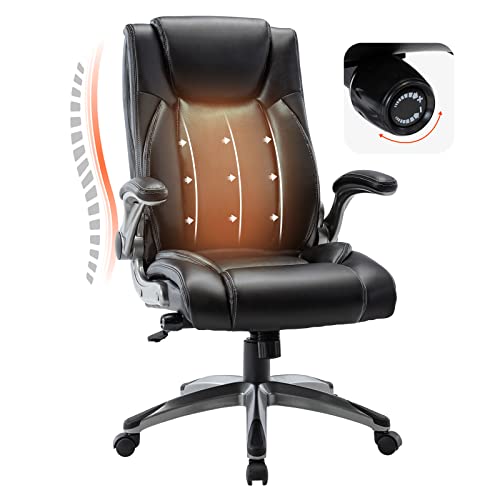 AFO Executive Office Ergonomic Chair with Flip-up Armrests, High Back Adjustable Height, Tilt and Built-in Lumbar Support for Comfort, 250lbs, Thick Bonded Leather Black