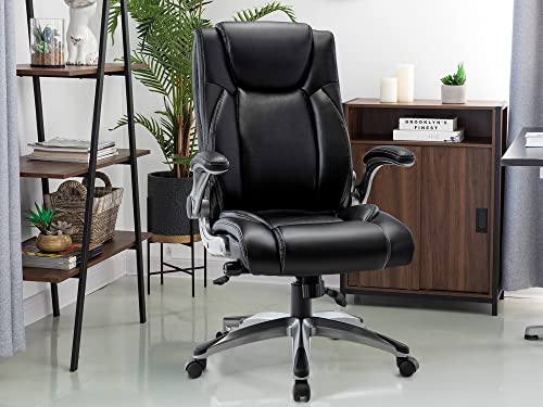 AFO Executive Office Ergonomic Chair with Flip-up Armrests, High Back Adjustable Height, Tilt and Built-in Lumbar Support for Comfort, 250lbs, Thick Bonded Leather Black