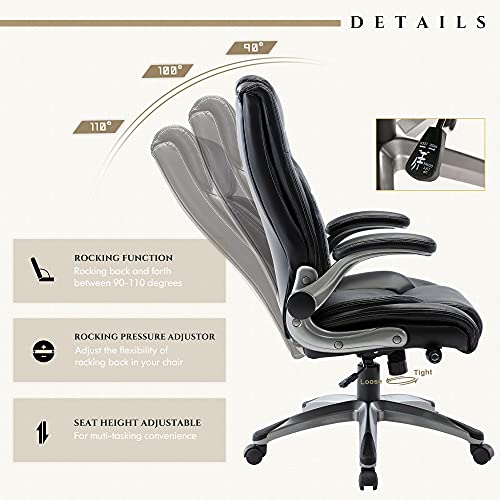 AFO Executive Office Ergonomic Chair with Flip-up Armrests, High Back Adjustable Height, Tilt and Built-in Lumbar Support for Comfort, 250lbs, Thick Bonded Leather Black