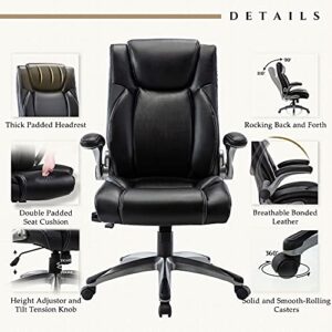 AFO Executive Office Ergonomic Chair with Flip-up Armrests, High Back Adjustable Height, Tilt and Built-in Lumbar Support for Comfort, 250lbs, Thick Bonded Leather Black