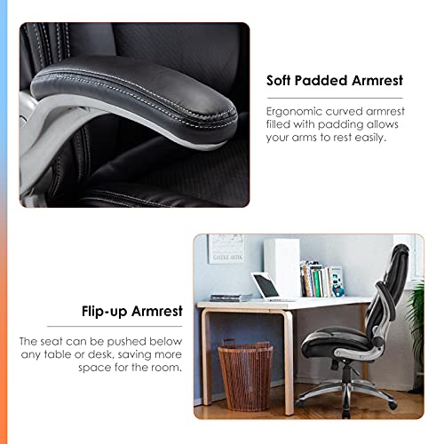 AFO Executive Office Ergonomic Chair with Flip-up Armrests, High Back Adjustable Height, Tilt and Built-in Lumbar Support for Comfort, 250lbs, Thick Bonded Leather Black