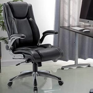 AFO Executive Office Ergonomic Chair with Flip-up Armrests, High Back Adjustable Height, Tilt and Built-in Lumbar Support for Comfort, 250lbs, Thick Bonded Leather Black