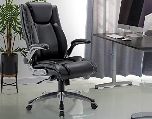 AFO Executive Office Ergonomic Chair with Flip-up Armrests, High Back Adjustable Height, Tilt and Built-in Lumbar Support for Comfort, 250lbs, Thick Bonded Leather Black