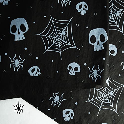 MR FIVE 60 Sheets Black Halloween Tissue Paper Bulk,20"x 14",Halloween Skull Tissue Paper for Gift Bags,Black with White Skull Spider Web Pattern Tissue Paper,Black Tissue Paper for Halloween Party