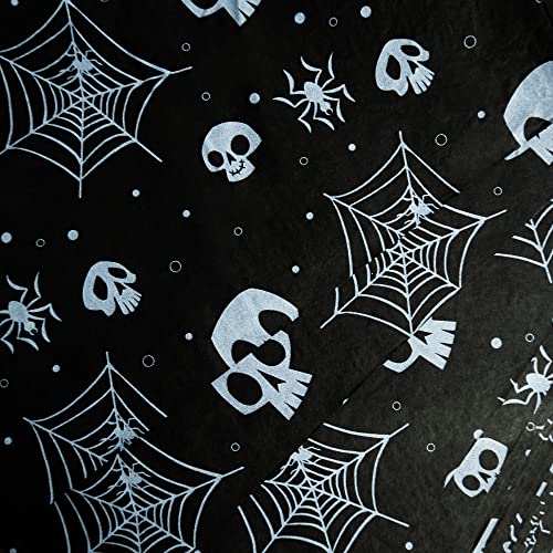 MR FIVE 60 Sheets Black Halloween Tissue Paper Bulk,20"x 14",Halloween Skull Tissue Paper for Gift Bags,Black with White Skull Spider Web Pattern Tissue Paper,Black Tissue Paper for Halloween Party