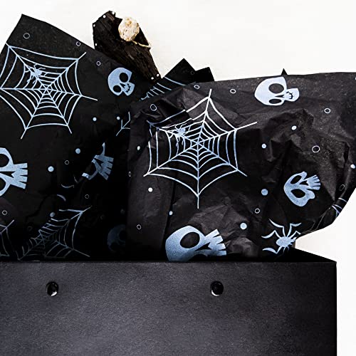 MR FIVE 60 Sheets Black Halloween Tissue Paper Bulk,20"x 14",Halloween Skull Tissue Paper for Gift Bags,Black with White Skull Spider Web Pattern Tissue Paper,Black Tissue Paper for Halloween Party