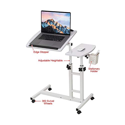 Farios Adjustable Laptop Desk with Wheels, Overbed Bedside Desk, Wheels Height Adjustable Desk Cart,Standing Laptop Desk,Moveable Laptop Stand,Tilting Over Bed Table,Rolling Laptop Stand-White.