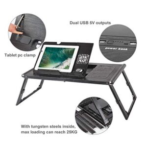 Etable Foldable Laptop Bed Tray Tablet Charging Table Adjustable Lap Desk with Built-in 10000mAh Rechargeable Power Bank and LED Light - Portable Laptop Table Breakfast Food Table Reading Desk - Black