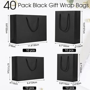 40 Pcs Shopping Bags Craft Bags Black Gift Bags with Handles, 4 Sizes Black Paper Bags Reusable Kraft Bags Gift Wrap Bags Packaging Bags Wedding Bags Party Favor Bags Business Bags