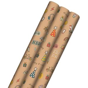 hallmark recyclable wrapping paper with cutlines on reverse (3 rolls: 60 sq. ft. ttl) kids birthday, retro icons, roller skates, skateboard