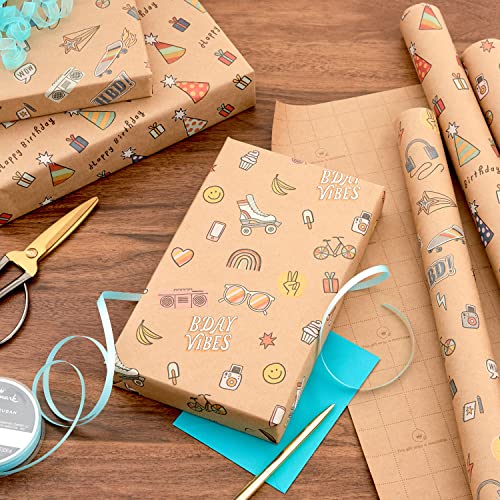 Hallmark Recyclable Wrapping Paper with Cutlines on Reverse (3 Rolls: 60 sq. ft. ttl) Kids Birthday, Retro Icons, Roller Skates, Skateboard