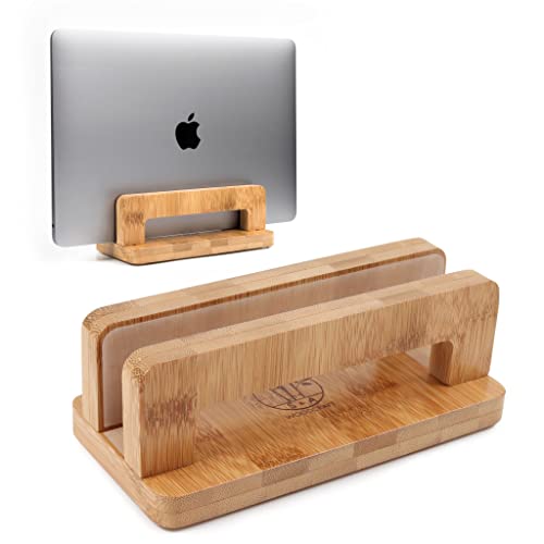 S&A WOODCRAFT Bamboo Vertical Laptop Stand, Adjustable Wooden Laptop Holder, Non-Slip Laptop Dock Compatible with Apple MacBook, Microsoft Surface, Gaming Laptops, IPad, Tablets