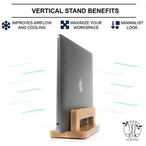 S&A WOODCRAFT Bamboo Vertical Laptop Stand, Adjustable Wooden Laptop Holder, Non-Slip Laptop Dock Compatible with Apple MacBook, Microsoft Surface, Gaming Laptops, IPad, Tablets