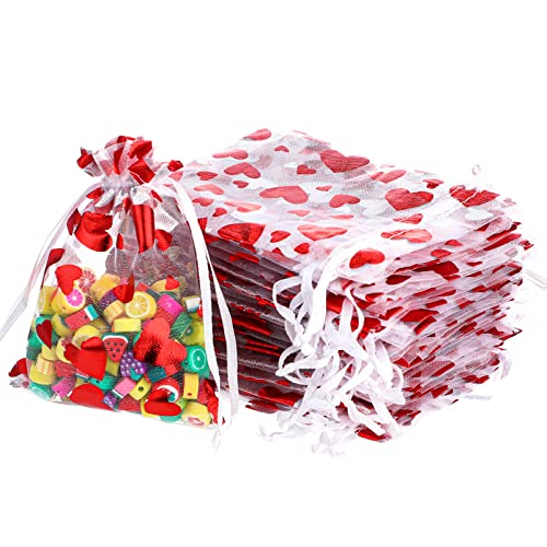 300 Pcs Valentine's Day Heart Candy Bags Organza Jewelry Pouches Drawstring Bags Valentine Love Heart Gift Bags Wedding Gift Pouch Drawstring Pouch for Gift Packaging (Heart Pattern, 3.94 x 4.72 Inch)