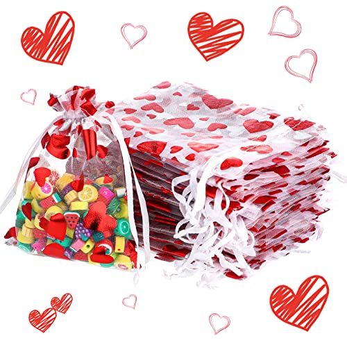 300 Pcs Valentine's Day Heart Candy Bags Organza Jewelry Pouches Drawstring Bags Valentine Love Heart Gift Bags Wedding Gift Pouch Drawstring Pouch for Gift Packaging (Heart Pattern, 3.94 x 4.72 Inch)