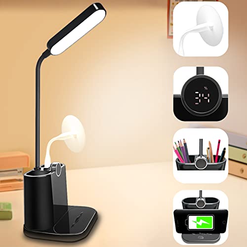 Small Desk Lamps for Home Office with USB Charging Port Pen Holder Battery Display, 3 Modes Reading Desk Light College Dorm Room Essentials for Guys Girls, Kids Student Study Rechargeable Table Lamp