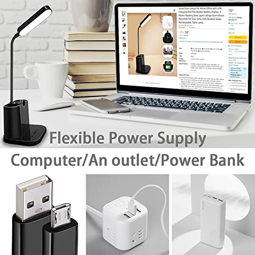 Small Desk Lamps for Home Office with USB Charging Port Pen Holder Battery Display, 3 Modes Reading Desk Light College Dorm Room Essentials for Guys Girls, Kids Student Study Rechargeable Table Lamp