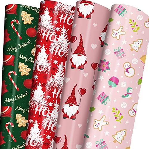 GIOLAINY Christmas Wrapping Paper for Kids Boys Girls Baby Men Women - Xmas Gift Wrap Contain Red Trees, Pink Santa, Snowflakes, Green "Merry Christmas" with Holly Design - 8 Sheets (20*29 Inch per Sheet), Recyclable, High Gloss, Easy to Store, Not Roll