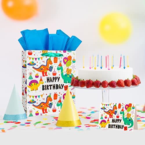 12.6" Large Happy Birthday Gift Bags with Tissue Papers and Card for Boys Girls and Kids(Dinosaur)