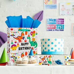 12.6" Large Happy Birthday Gift Bags with Tissue Papers and Card for Boys Girls and Kids(Dinosaur)