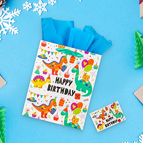 12.6" Large Happy Birthday Gift Bags with Tissue Papers and Card for Boys Girls and Kids(Dinosaur)