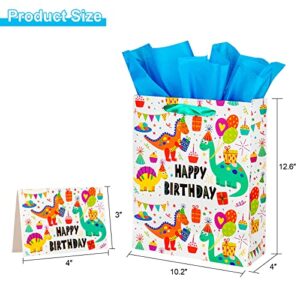 12.6" Large Happy Birthday Gift Bags with Tissue Papers and Card for Boys Girls and Kids(Dinosaur)