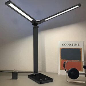 diofgt double head led desk lamp,dual swing-arm table lamp for home office,5 color modes and 5 dimmable,modern eye-caring piano lamp with 30/60 min auto timer,touch control, usb charging port