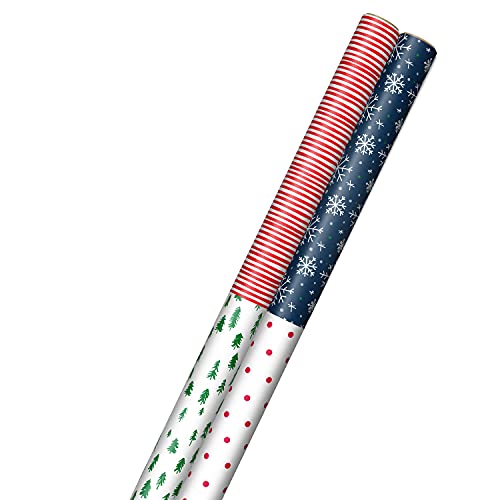 Hallmark Christmas Wrapping Paper Jumbo Rolls with Cut Lines on Reverse (2 Rolls, 4 Designs: 160 Sq. Ft. Ttl) Red Dots on White, Snowflakes on Navy, Red and White Stripes, Evergreen Trees