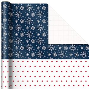 Hallmark Christmas Wrapping Paper Jumbo Rolls with Cut Lines on Reverse (2 Rolls, 4 Designs: 160 Sq. Ft. Ttl) Red Dots on White, Snowflakes on Navy, Red and White Stripes, Evergreen Trees