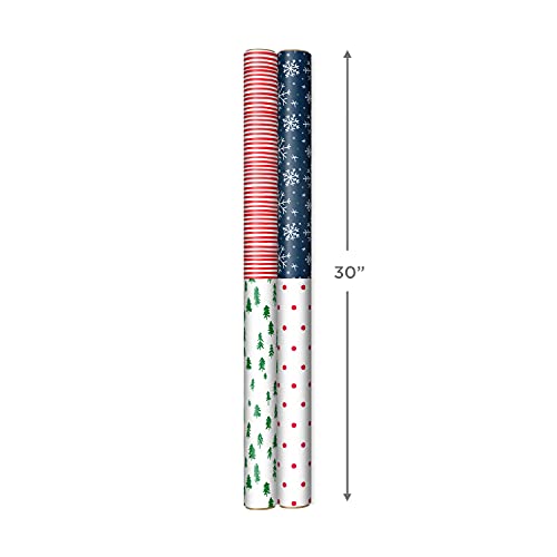 Hallmark Christmas Wrapping Paper Jumbo Rolls with Cut Lines on Reverse (2 Rolls, 4 Designs: 160 Sq. Ft. Ttl) Red Dots on White, Snowflakes on Navy, Red and White Stripes, Evergreen Trees