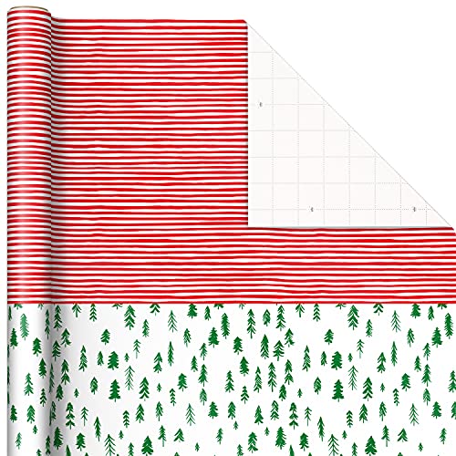 Hallmark Christmas Wrapping Paper Jumbo Rolls with Cut Lines on Reverse (2 Rolls, 4 Designs: 160 Sq. Ft. Ttl) Red Dots on White, Snowflakes on Navy, Red and White Stripes, Evergreen Trees