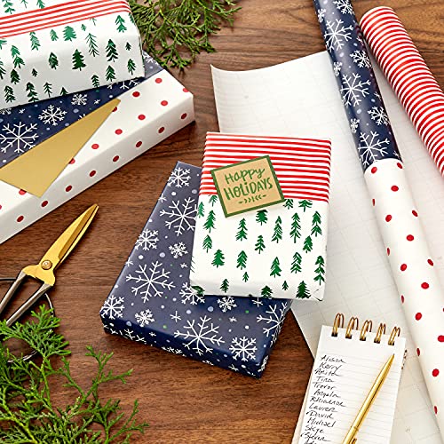 Hallmark Christmas Wrapping Paper Jumbo Rolls with Cut Lines on Reverse (2 Rolls, 4 Designs: 160 Sq. Ft. Ttl) Red Dots on White, Snowflakes on Navy, Red and White Stripes, Evergreen Trees