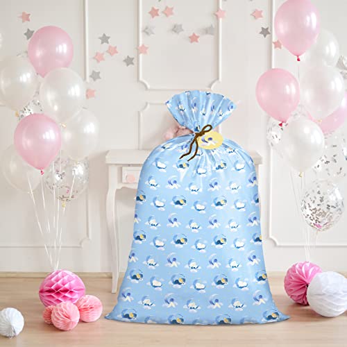 Loveinside Jumbo Large Plastic Gift Bag, Baby Boy Design Plastic Bag with Tag and Tie for Birthday, Baby Shower - 56" x 36", 1 Pcs - Blue Sleepy Bear