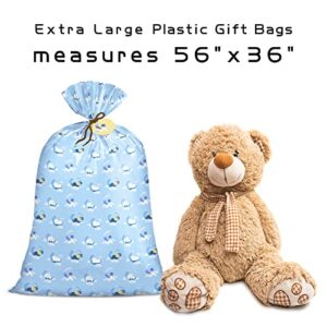 Loveinside Jumbo Large Plastic Gift Bag, Baby Boy Design Plastic Bag with Tag and Tie for Birthday, Baby Shower - 56" x 36", 1 Pcs - Blue Sleepy Bear