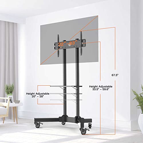 Mobile TV Cart for 32-83 Inch TVs Rolling TV Stand with Height Adjustable Tray Max VESA 600x400mm Holds up to 132lbs LED/LCD/OLED Flat/Curved TVs Portable TV Stand with Lockable Wheels- PGTVMC01