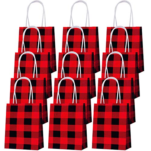 Cooraby 30 Pieces Mini Red and Black Plaid Bag Paper Party Kraft Christmas Bags with Handle for Birthday, Wedding, Party Celebrations