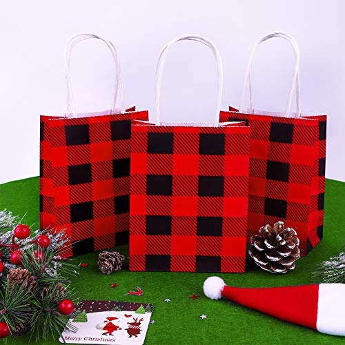 Cooraby 30 Pieces Mini Red and Black Plaid Bag Paper Party Kraft Christmas Bags with Handle for Birthday, Wedding, Party Celebrations