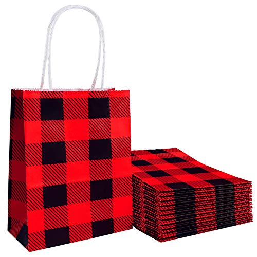 Cooraby 30 Pieces Mini Red and Black Plaid Bag Paper Party Kraft Christmas Bags with Handle for Birthday, Wedding, Party Celebrations