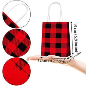 Cooraby 30 Pieces Mini Red and Black Plaid Bag Paper Party Kraft Christmas Bags with Handle for Birthday, Wedding, Party Celebrations