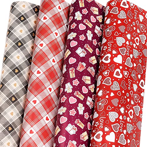 GIOLNIAY Valentine's Day Wrapping Paper for Men Women - Red Heart, White&Red Plaid, Brown&Black Plaid, Pink Gift Wrap for Wedding, Birthday, Mother's Day, Father's Day, 74*52CM per Sheet (8 Folded Sheets), Recyclable, Easy to Store