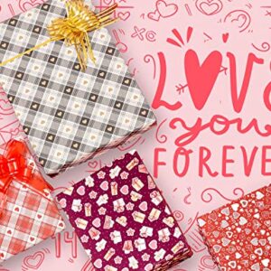 GIOLNIAY Valentine's Day Wrapping Paper for Men Women - Red Heart, White&Red Plaid, Brown&Black Plaid, Pink Gift Wrap for Wedding, Birthday, Mother's Day, Father's Day, 74*52CM per Sheet (8 Folded Sheets), Recyclable, Easy to Store