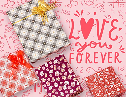 GIOLNIAY Valentine's Day Wrapping Paper for Men Women - Red Heart, White&Red Plaid, Brown&Black Plaid, Pink Gift Wrap for Wedding, Birthday, Mother's Day, Father's Day, 74*52CM per Sheet (8 Folded Sheets), Recyclable, Easy to Store