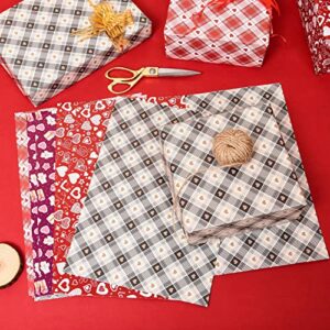 GIOLNIAY Valentine's Day Wrapping Paper for Men Women - Red Heart, White&Red Plaid, Brown&Black Plaid, Pink Gift Wrap for Wedding, Birthday, Mother's Day, Father's Day, 74*52CM per Sheet (8 Folded Sheets), Recyclable, Easy to Store