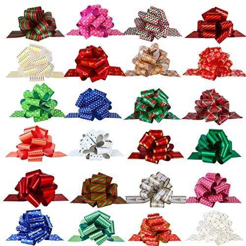 PintreeLand 24PCS Christmas Wrap Pull Bows with Ribbon 5” Wide Wrapping Accessory for Xmas Present, Gift, Florist, Bouquet, Basket(24 PCS)