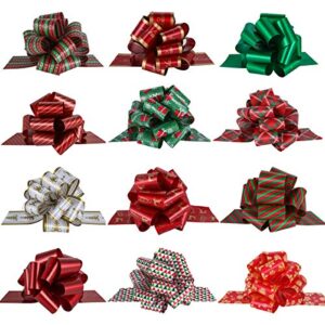 PintreeLand 24PCS Christmas Wrap Pull Bows with Ribbon 5” Wide Wrapping Accessory for Xmas Present, Gift, Florist, Bouquet, Basket(24 PCS)